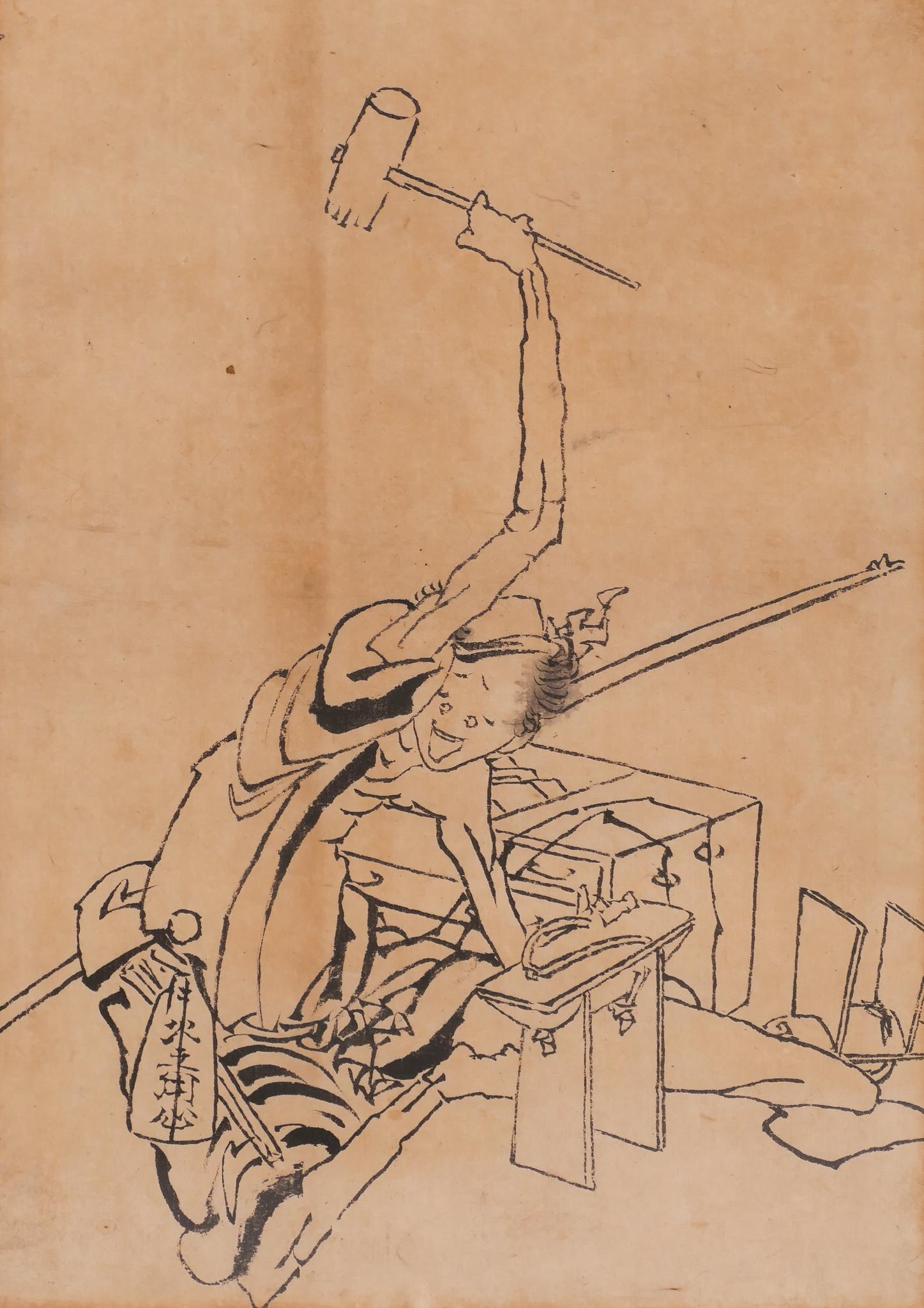 2pc Hokusai School Japanese Figure Ink Drawings