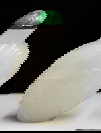 Chinese White Jade Cranes & Prunus Flowers Snuff Bottle