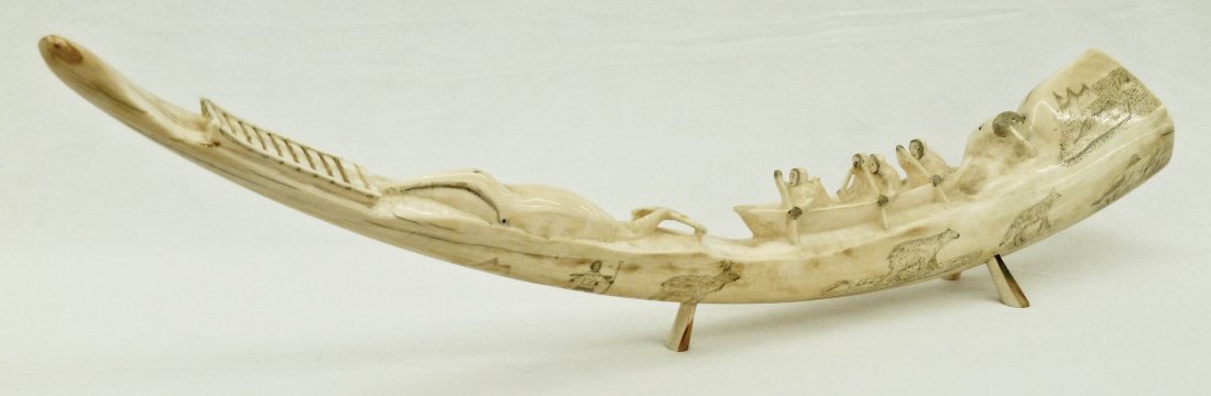 Impressive Alaskan Carved Ivory Walrus Tusk with Eskimo