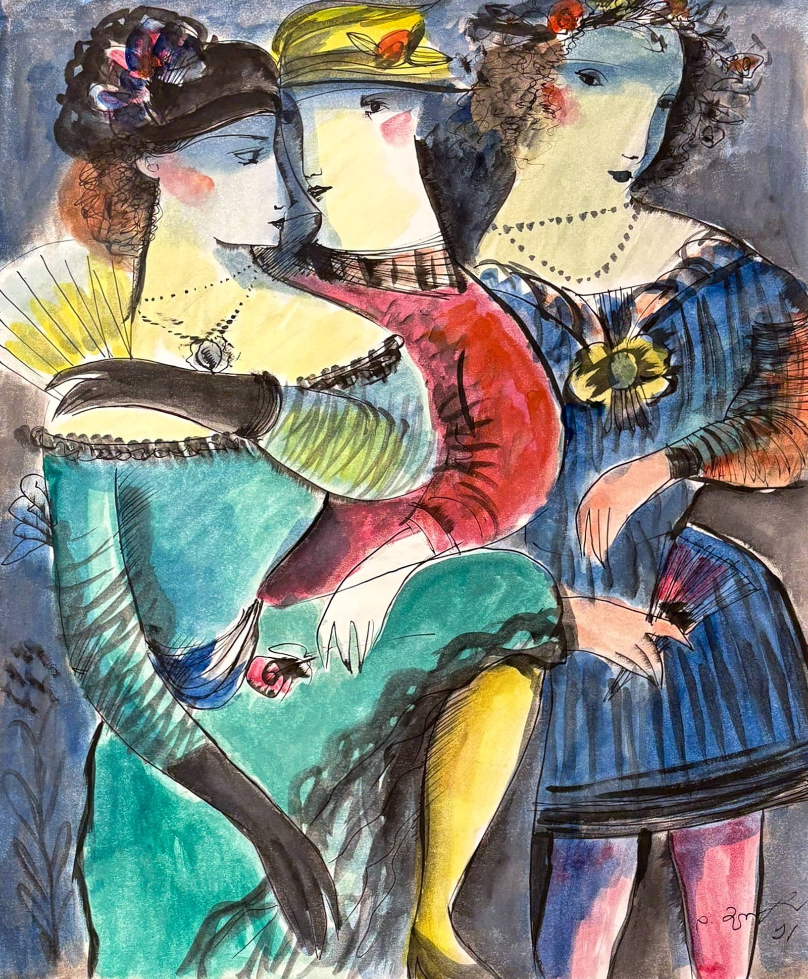 Artist Unknown "triple Chat" 1971 Watercolor On Paper Auction