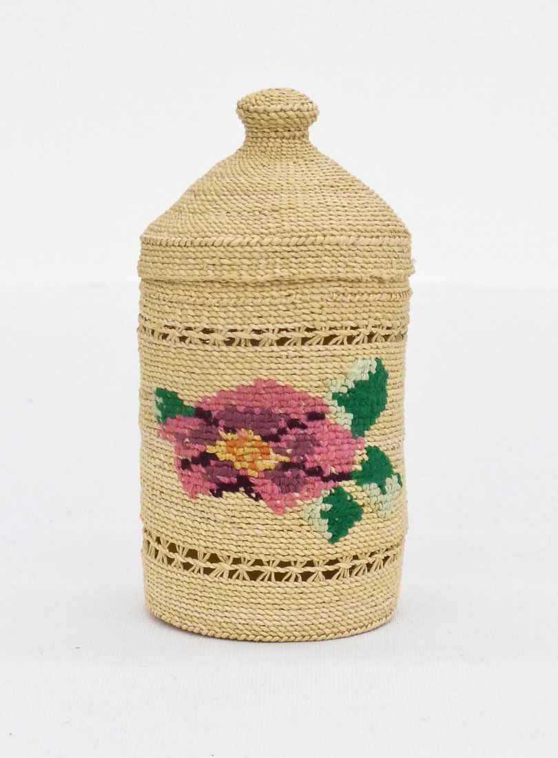 Fine Aleut Lidded Indian Basket by Gertrude Svarny