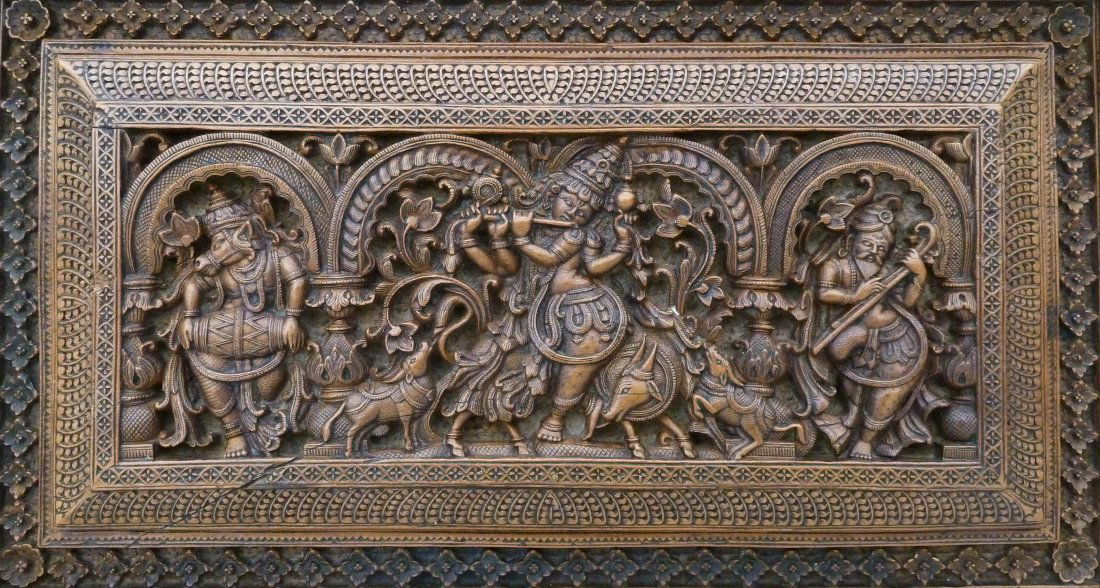 Antique Indian Carved Hindu Wood Panel Framed