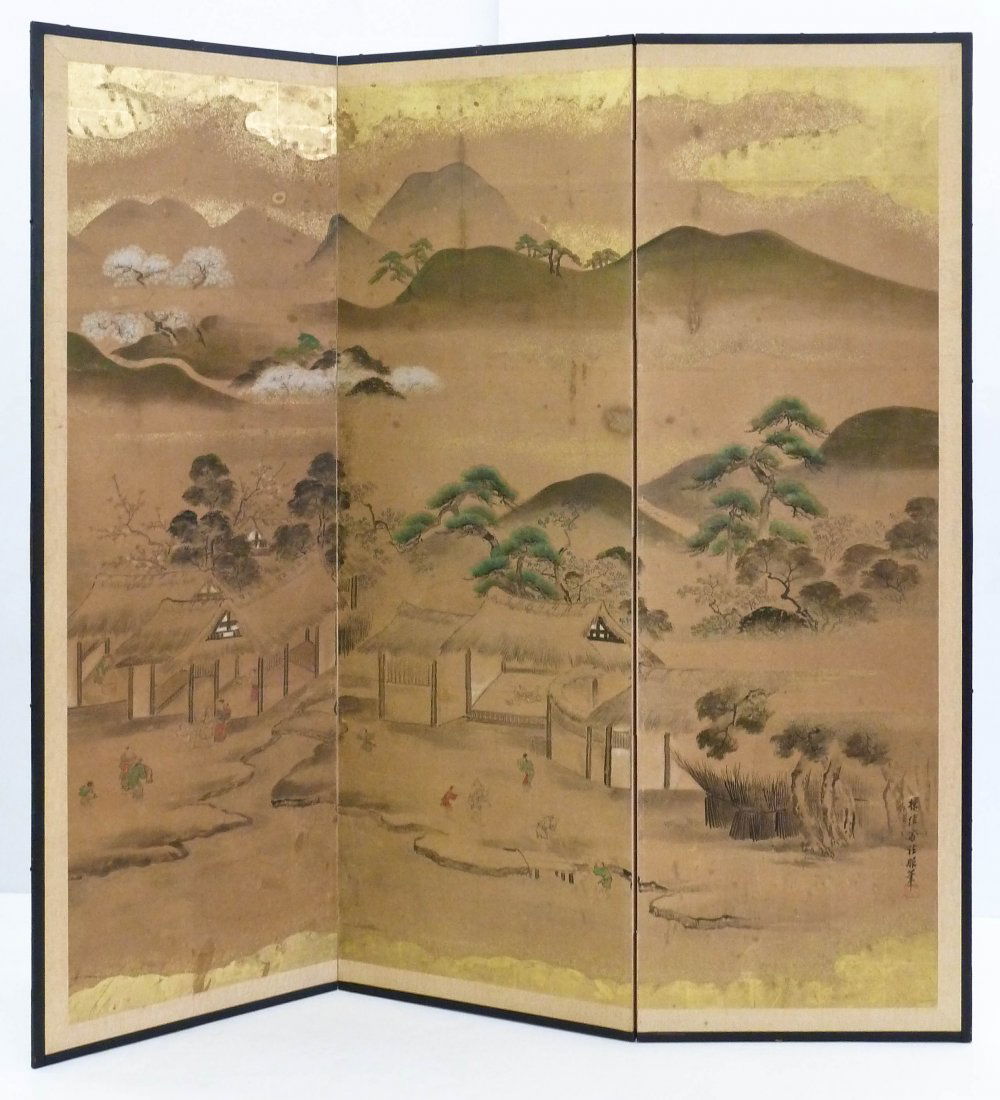 Antique Japanese 3 Panel Painted Room Screen 68''x68''.