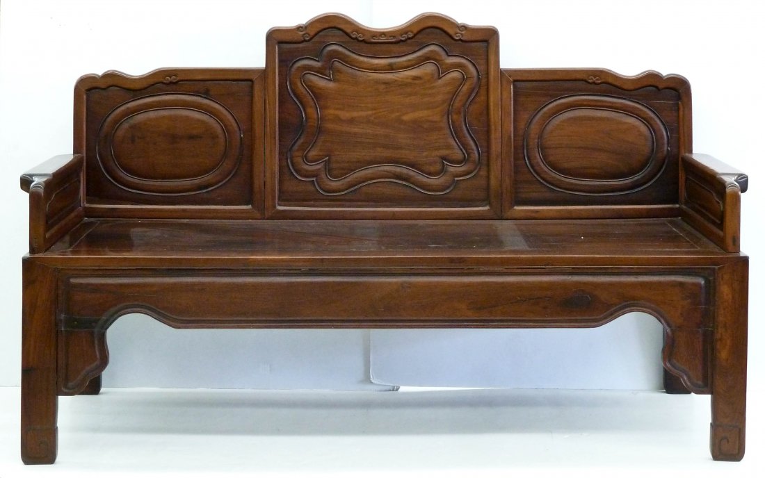 Antique Chinese Hongmu Rosewood Carved Bench