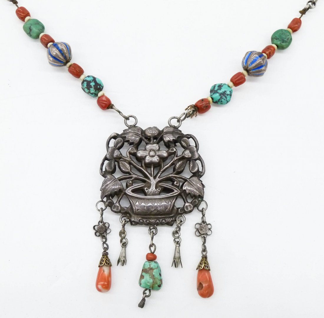 Antique Chinese Silver & Coral Necklace 13''. Pierced