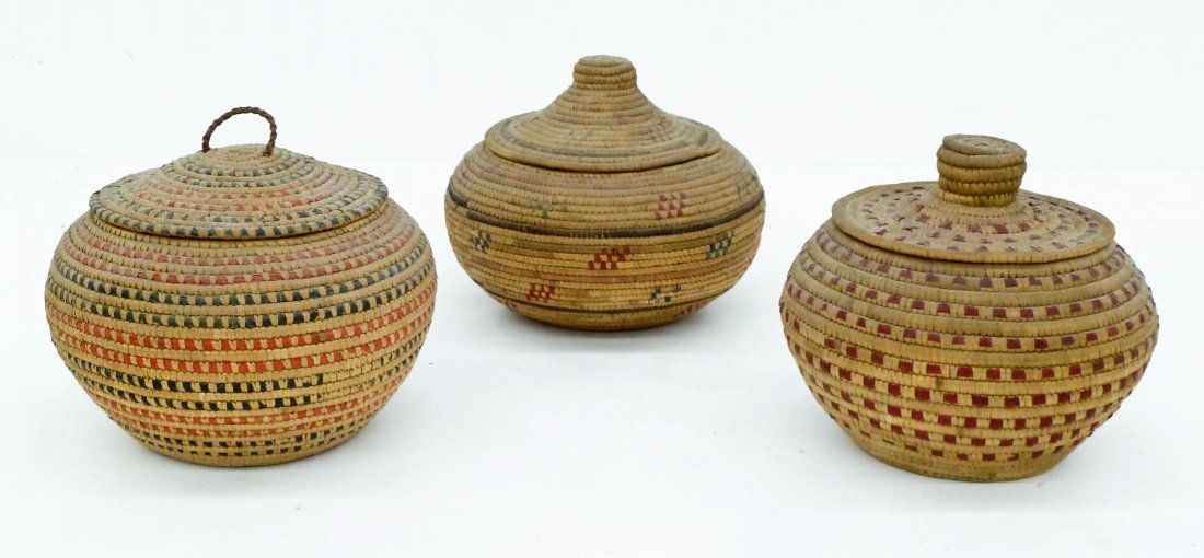 3pc Old Inuit Eskimo Covered Indian Baskets. Polychrome