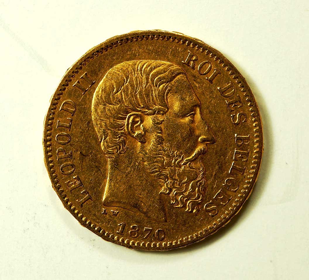 Gold 1870 Belgium Leopold Ii 20 Francs Coin, 6.3gr,