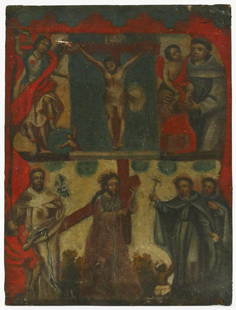Spanish Colonial Oil Painting: Crucifixion Of Christ