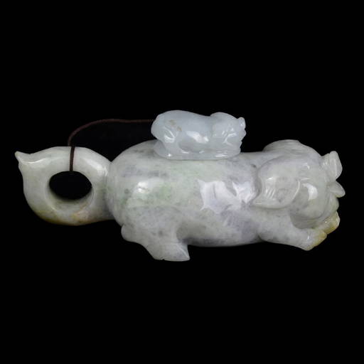 Jade Carved Ewer In Pig Form With Piglet As Knop