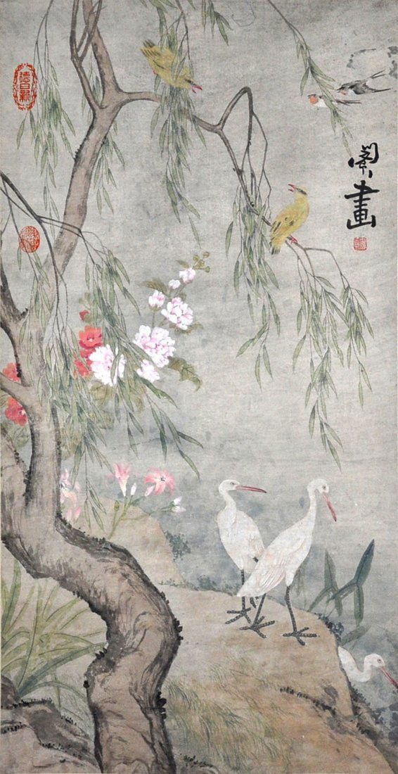 Min Zhen Qing Dynasty Egrets Under Willow