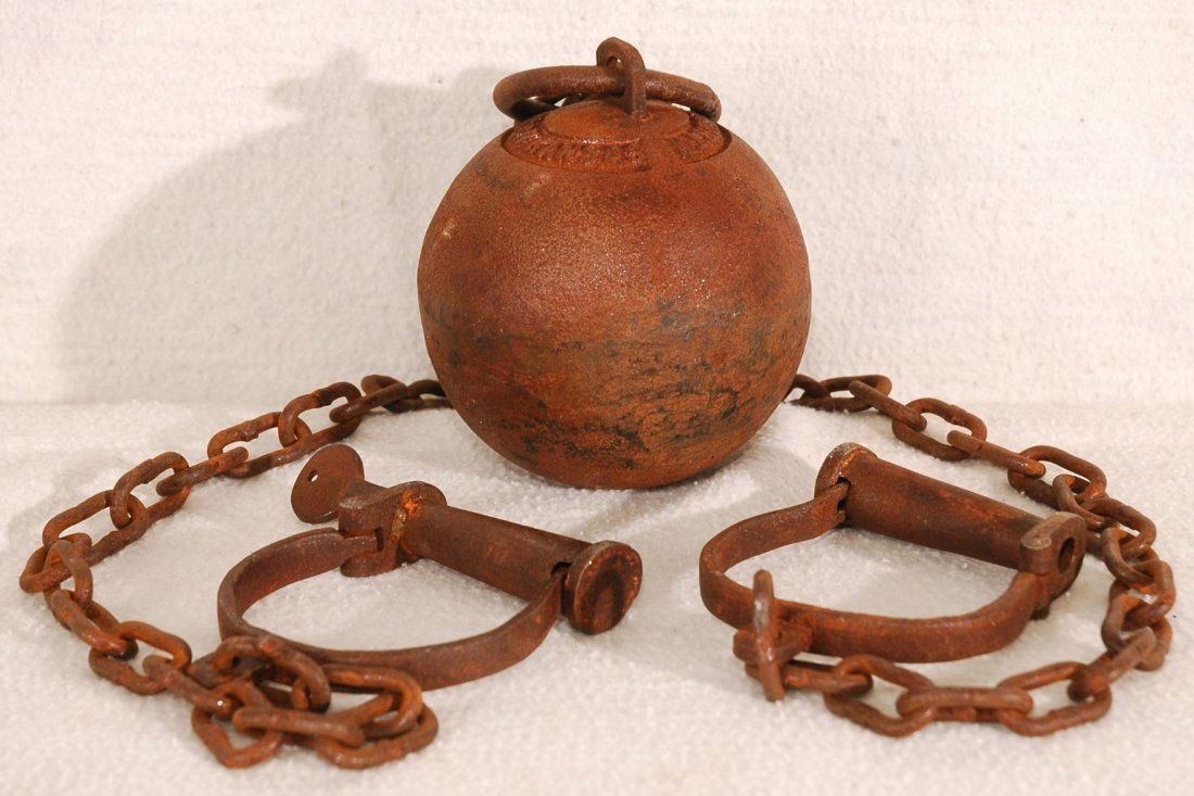 Antique Leavenworth Prison Cast Iron Ball + Chains