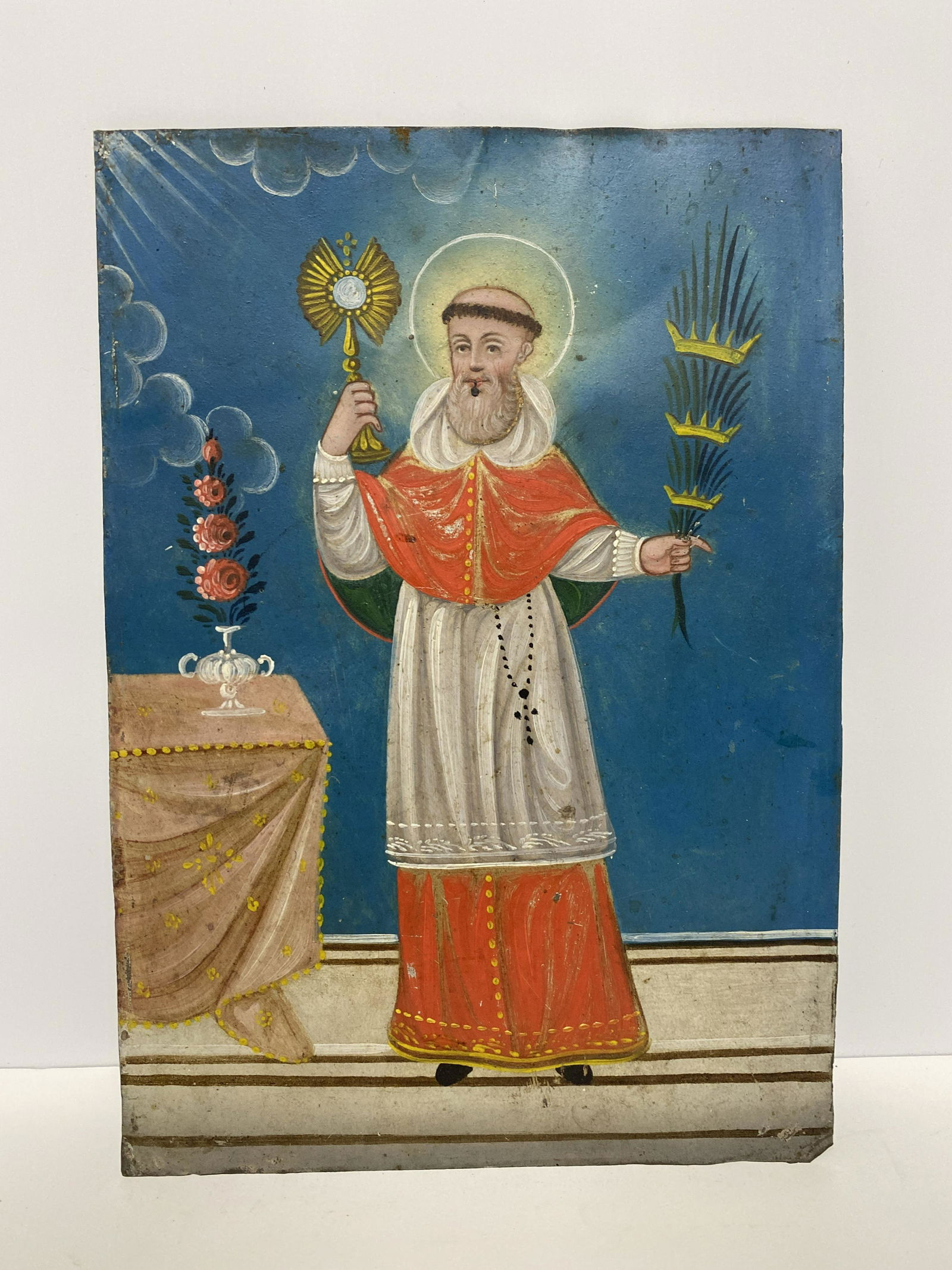 Spanish Colonial Mexican "st. Raymond Nonnatus" Retablo Oil On Tin