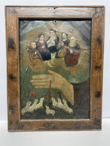 Spanish Colonial "Omnipotent Powerful Hand" Retablo Oil on Tin (#0292 ...
