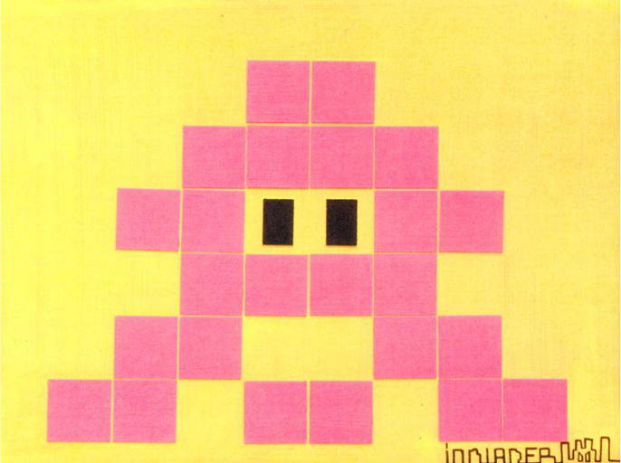 Invader "yellow Invader" Original Wood Tile On Canvas