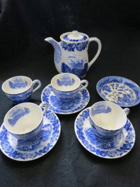 Flow Blue Tea Pot,tea Cups,flow Blue China