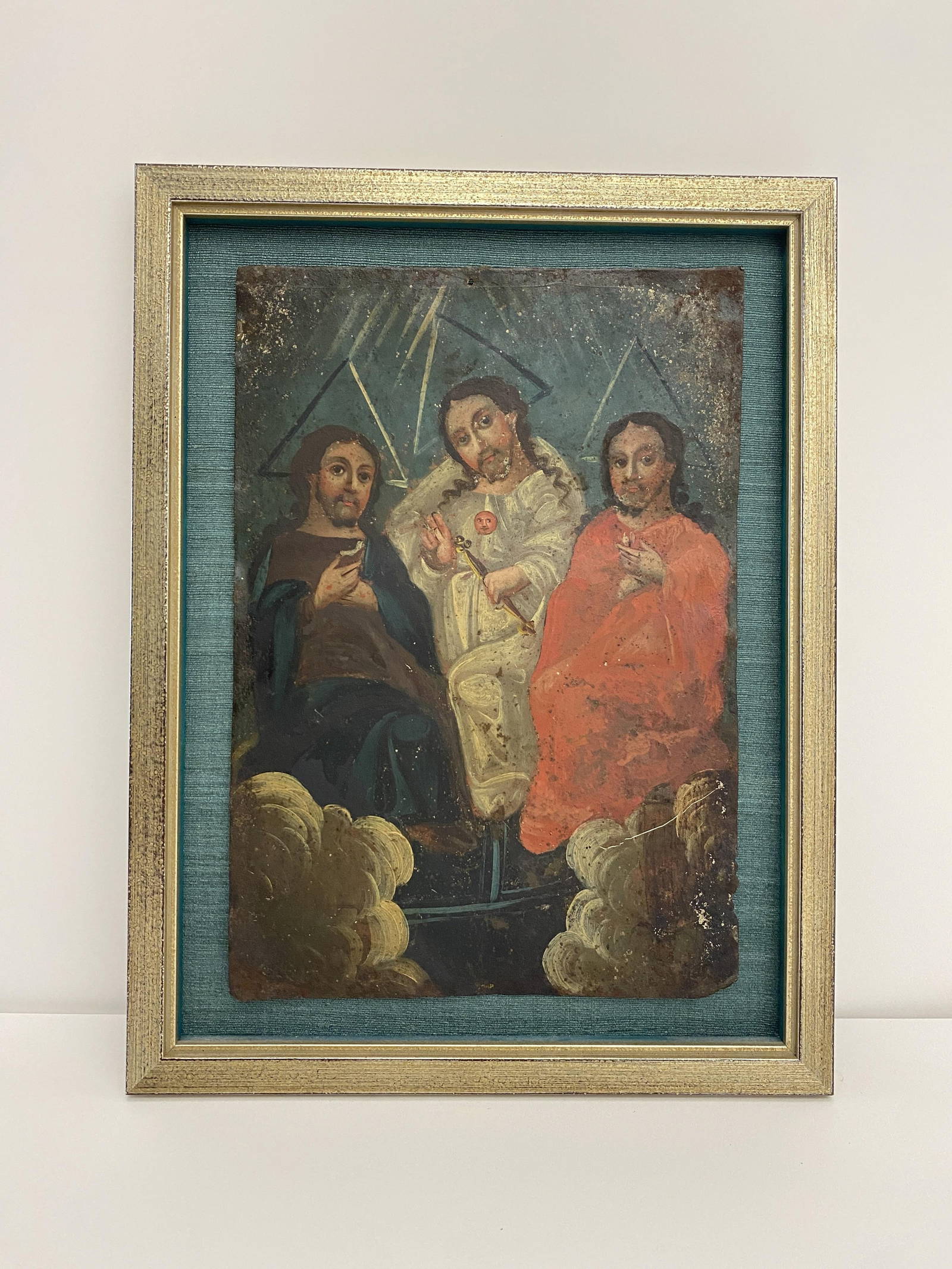 Retablo Religious Icon Oil Painting On Tin Of Three Saints Framed Auction
