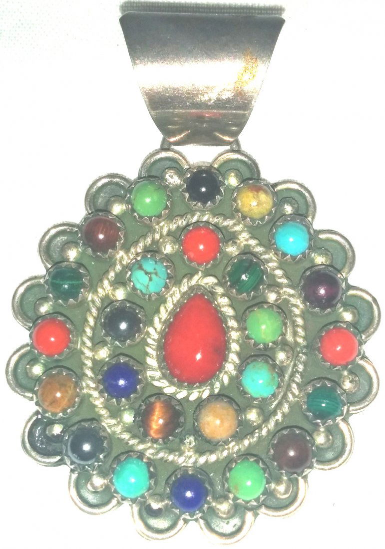Signed Navajo Multi-Stone Pendant Sterling Silver