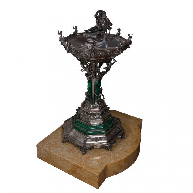 EXTRAORDINARY RUSSIAN SILVERPLATE & MALACHITE FOUNTAIN