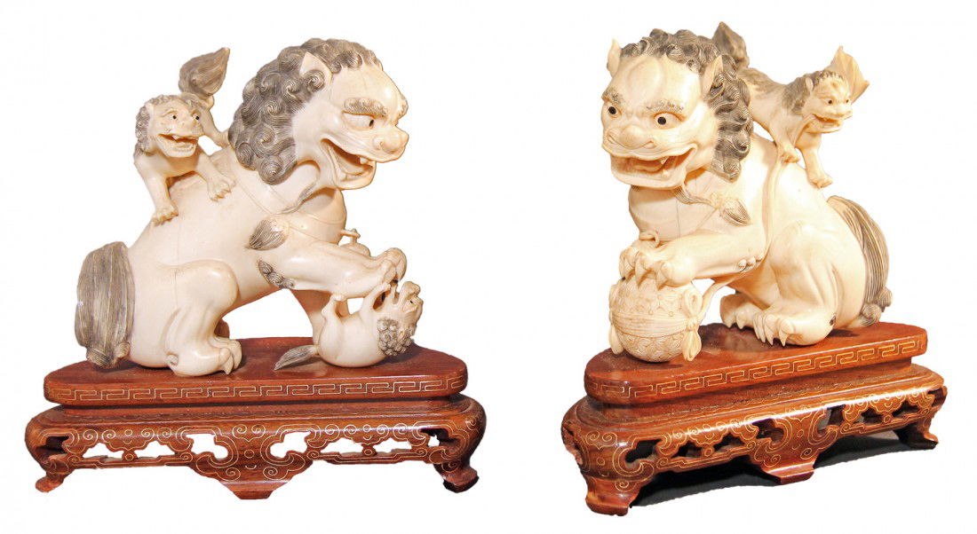 Pair Chinese Ivory Foo Dogs on Wooden Bases, finel