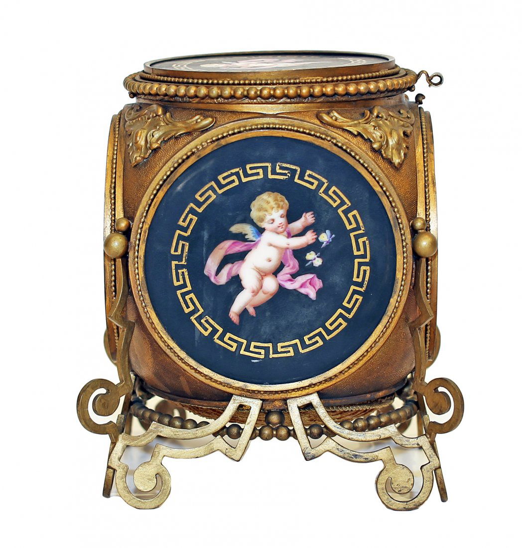 GILT-BRONZE AND PORCELAIN HINGE COVERED BOX, 19TH C