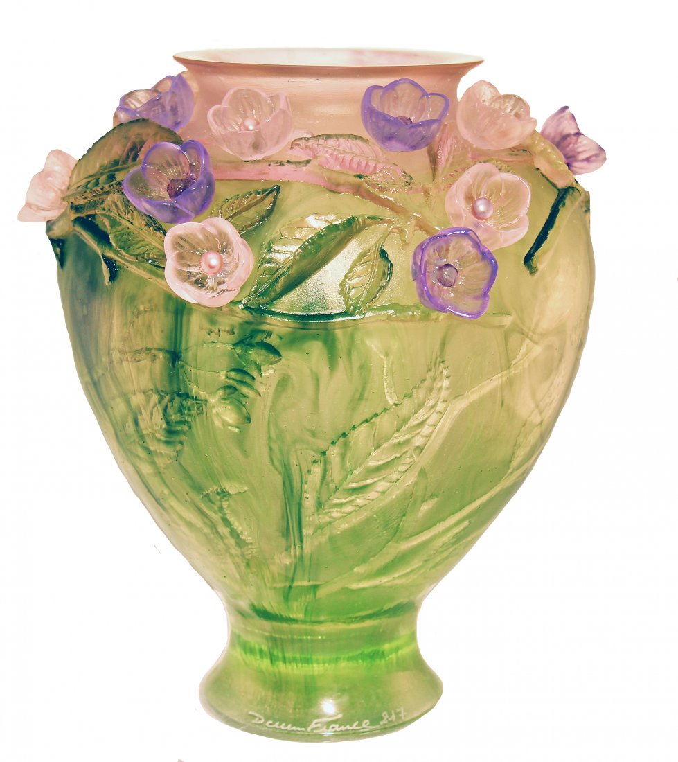 DAUM CRYSTAL "CHERRY BLOSSOM" VASE, FRENCH, MODERN.