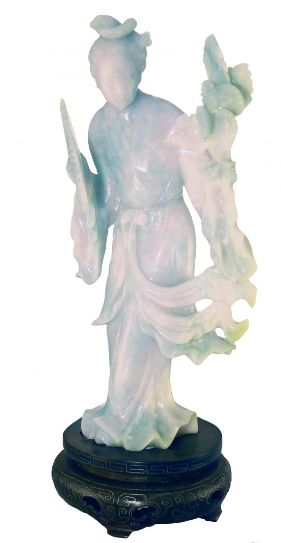 JADE KWAN YIN WITH FAN LIGHT LAVENDER TO GREEN, CHINESE