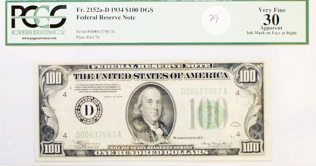 CERTIFIED 1934 HUNDRED ($100) DOLLAR BILL