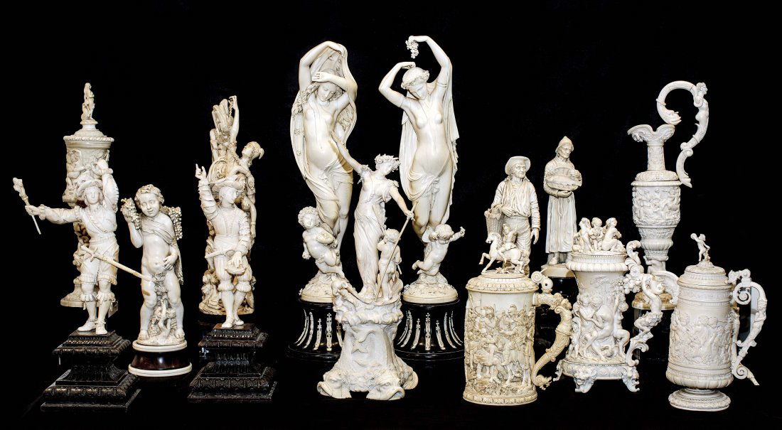IMPORTANT COLLECTION OF 13 CONTINENTAL CARVED IVORIES