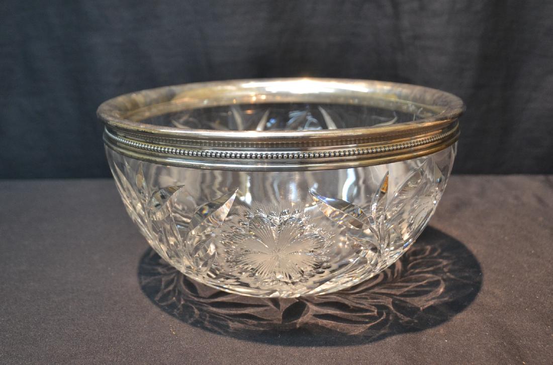 CUT GLASS BOWL WITH SILVER RIM 9" x 4 1/2"
