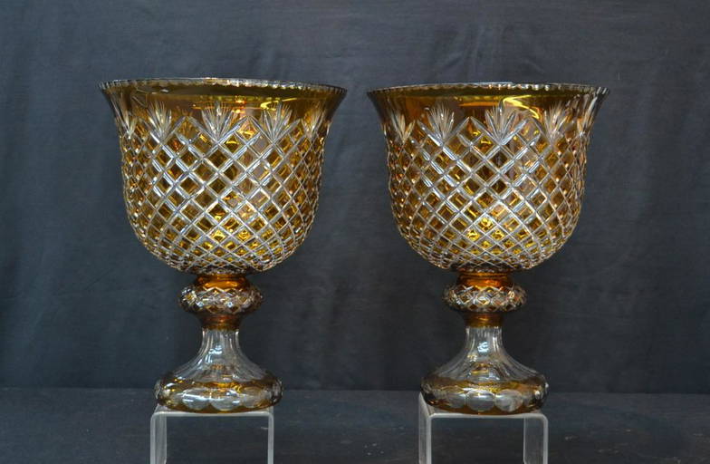 (pr) Large Bohemian Amber Cut To Clear Glass Urns