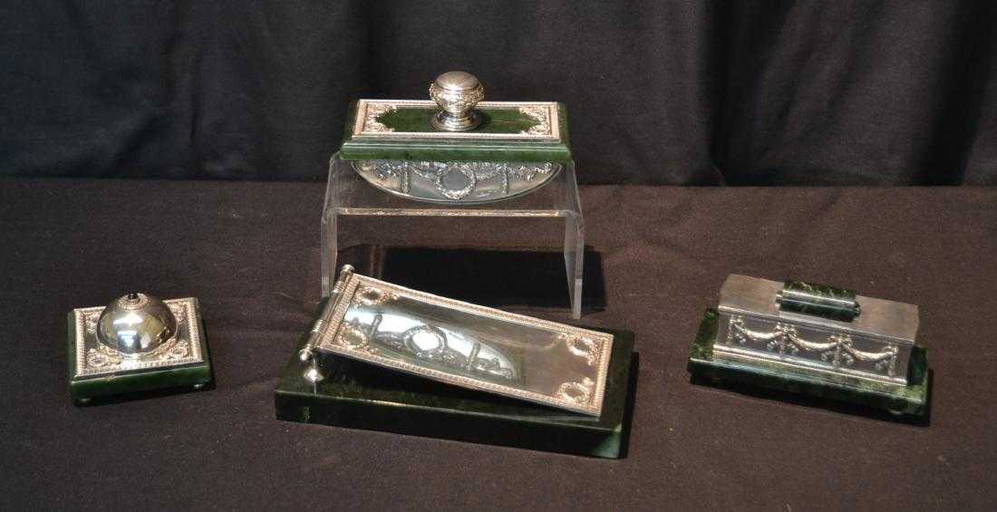 (4)pc Russian Silver & Spinach Jade Desk Set