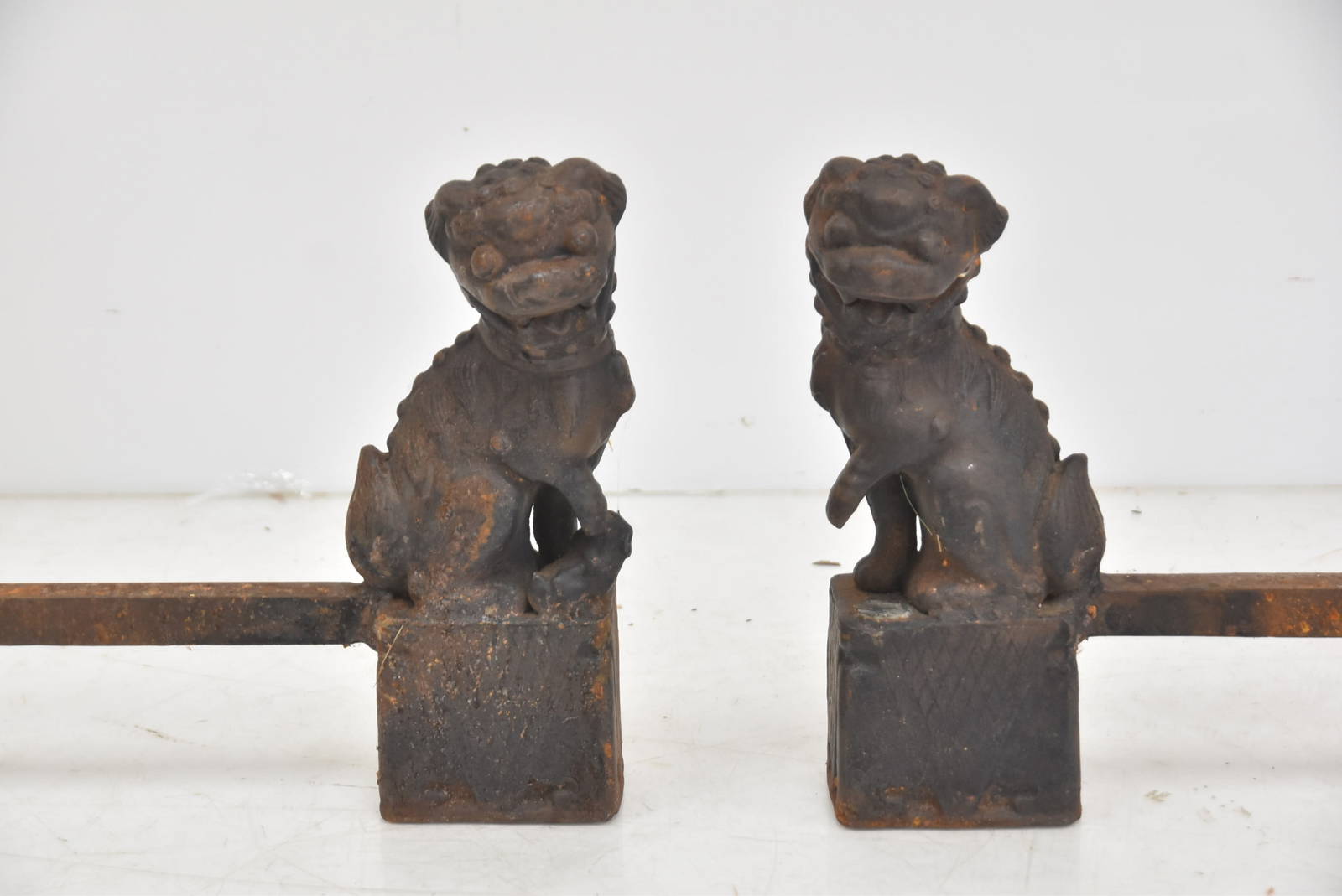 (pr) Antique Cast Iron Foo Dog Andirons Auction