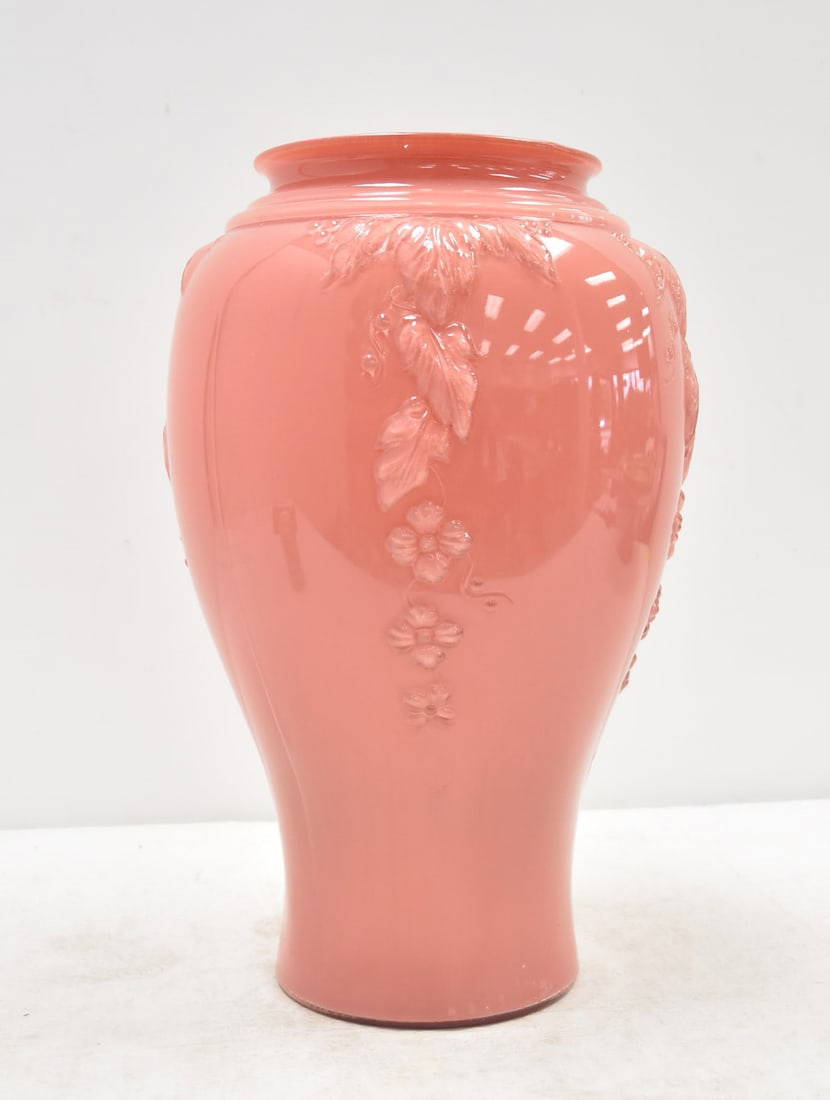Large Mid Century Coral Color Glass Vase Auction