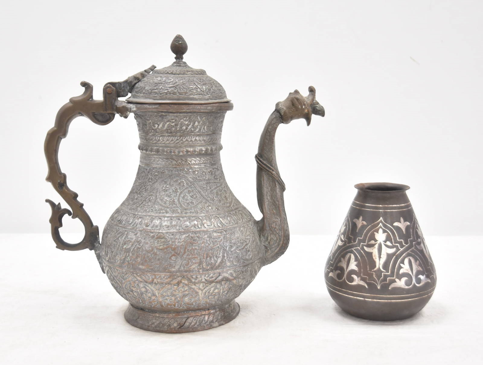 Antique Persian Tea Pot / Silver Inlaid Vase Auction