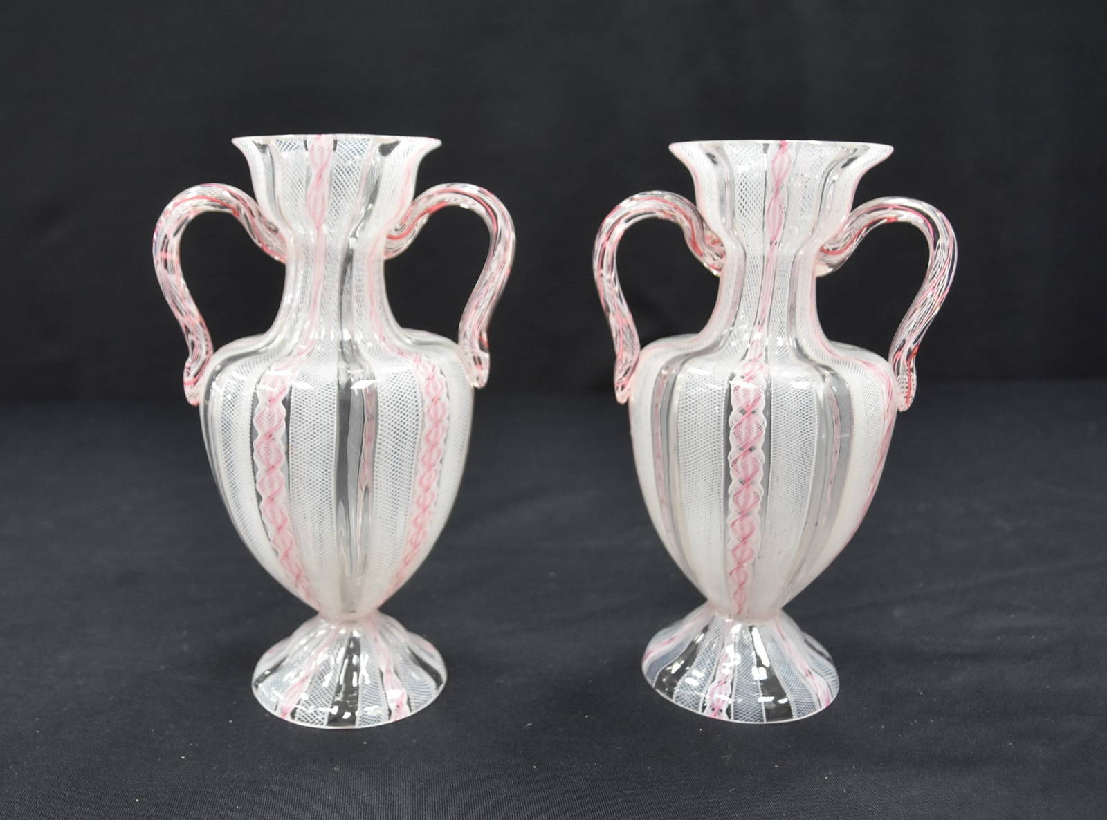 (pr) Murano Latticino Ribbon Glass Vases Auction