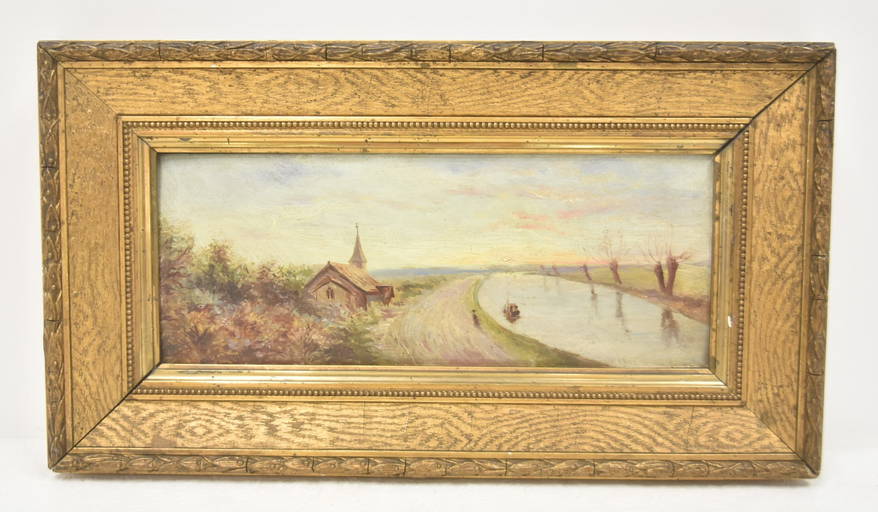 Antique Oil On Board Steeple On Lakeside Road