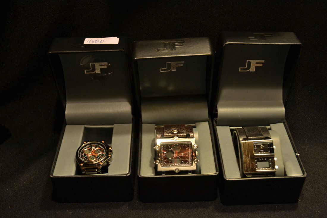 (3) JF WATCHES WITH BOXES - (2) WITH LEATHER BANDS