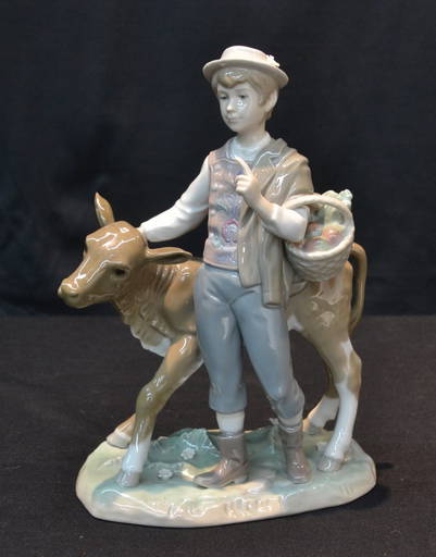 Lladro Boy With Cow 7" X 4" X 10 1/2"
