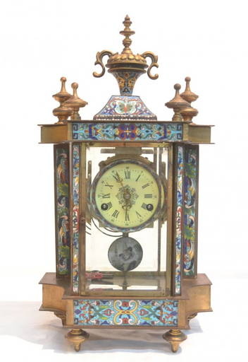 Large Cloisonne Clock With Figural Medallions