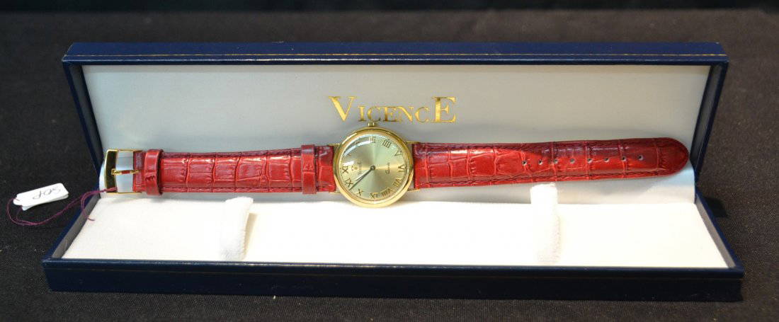 14kt Gold Vicence Watch With Red Leather Band