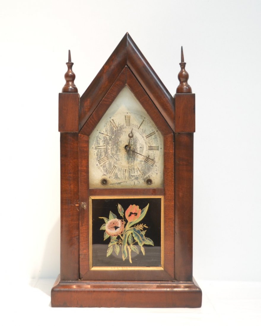 Antique Steeple Clock With Reverse Painted