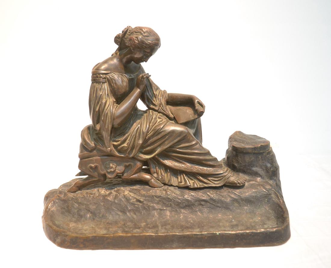 Bronze Inkwell With Seated Neo Classical Woman