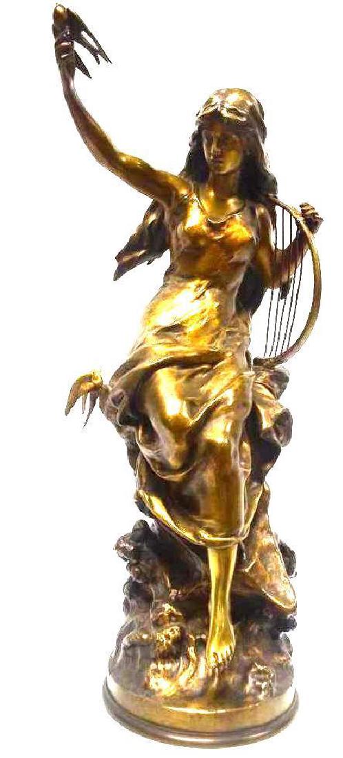 Signed French Bronze Statue of A Lady With Birds