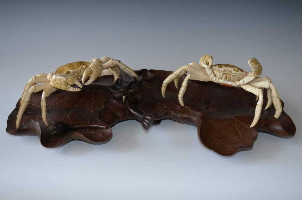 Pair of Carved Articulated Ivory Crabs Signed