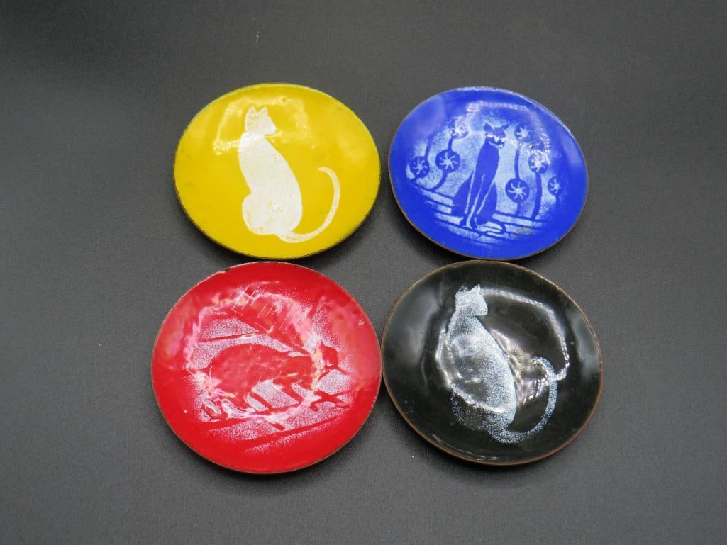 (4) Handmade Enameled Copper Cat-themed Saucers Auction