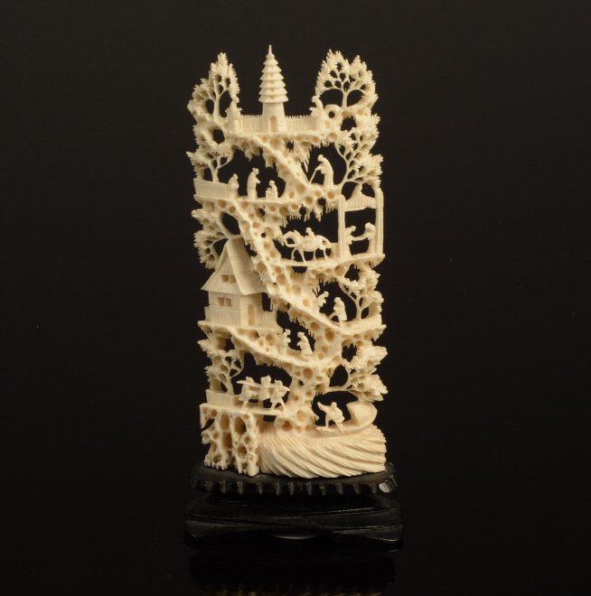 Carved Ivory Chinese Village Scene Qing Dynasty