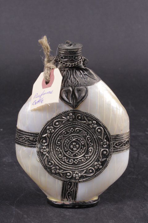 SHELL PERFUME BOTTLE WITH OLD SILVER DECORATION