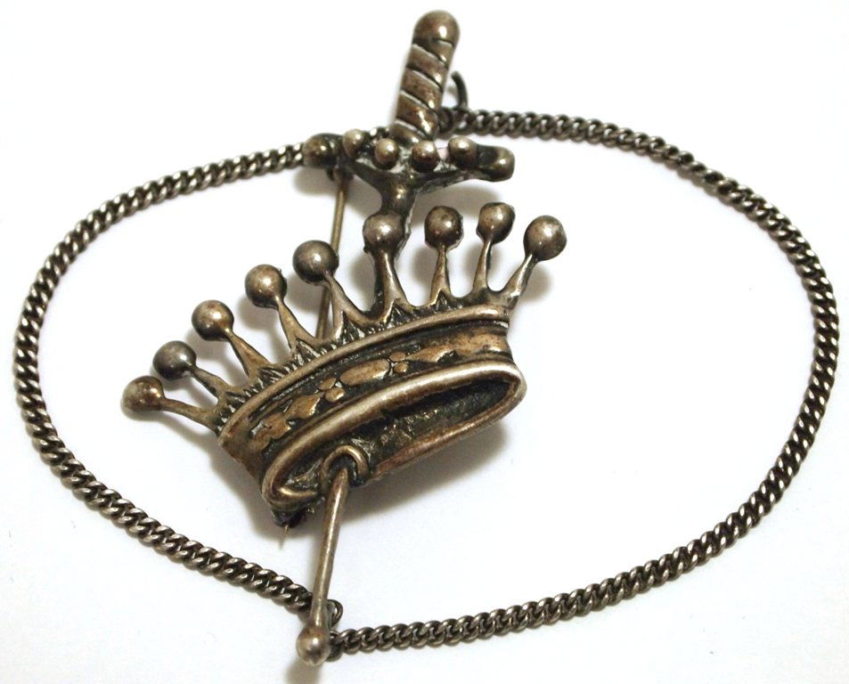 Old Pawn Sterling Silver Crown & Sword Pin with Chain