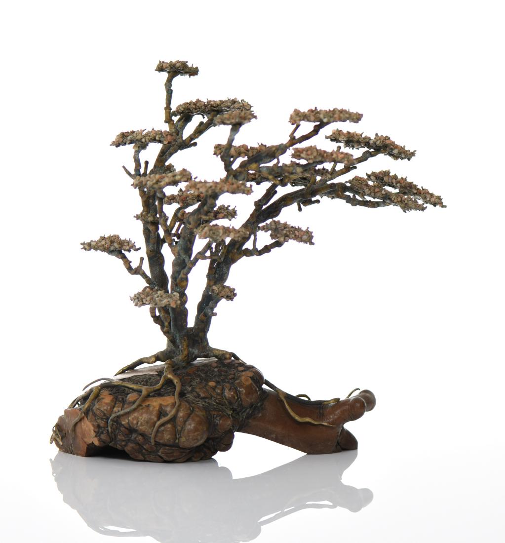 Bronze/Copper Tree Atop A Burl Wood Root Base