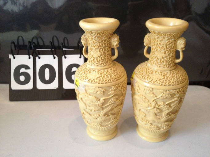 Lot Of 2 Carved Ivory Vases With Dragon Design